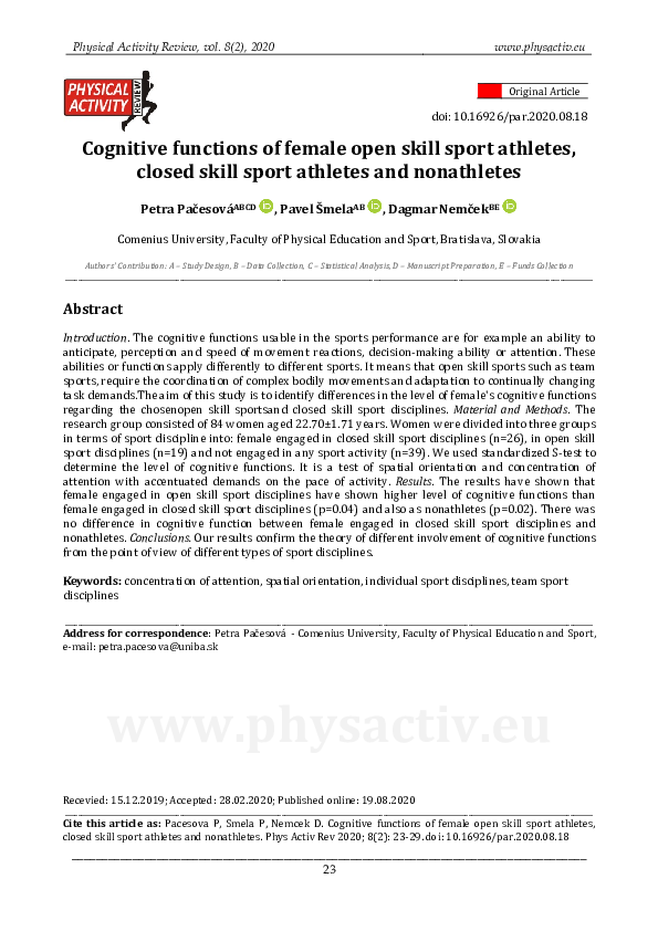 (PDF) Cognitive functions of female open skill sport athletes, closed ...