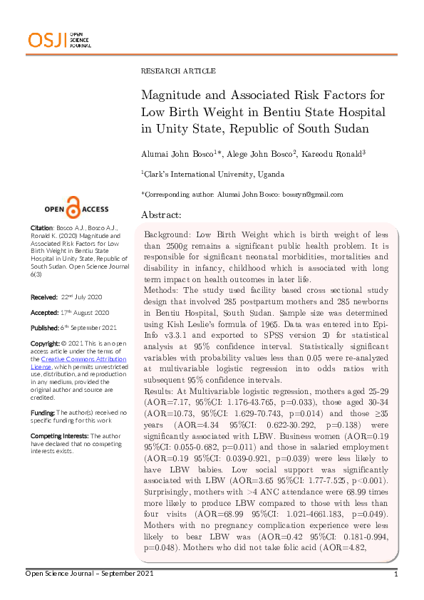 (PDF) Magnitude and associated risk factors for low birth weight in ...