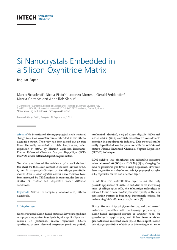 (PDF) Si Nanocrystals Embedded in a Silicon Oxynitride Matrix