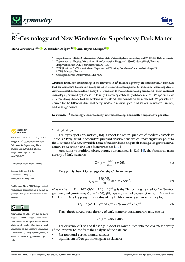 (PDF) R2-Cosmology and New Windows for Superheavy Dark Matter