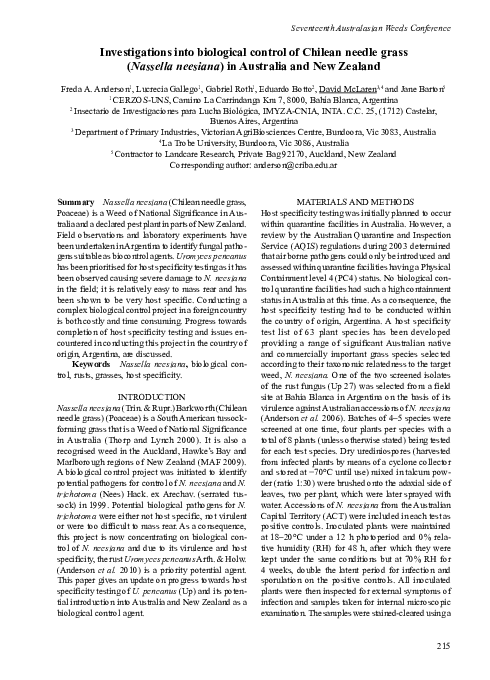 (PDF) Investigations into biological control of Chilean needle grass ...