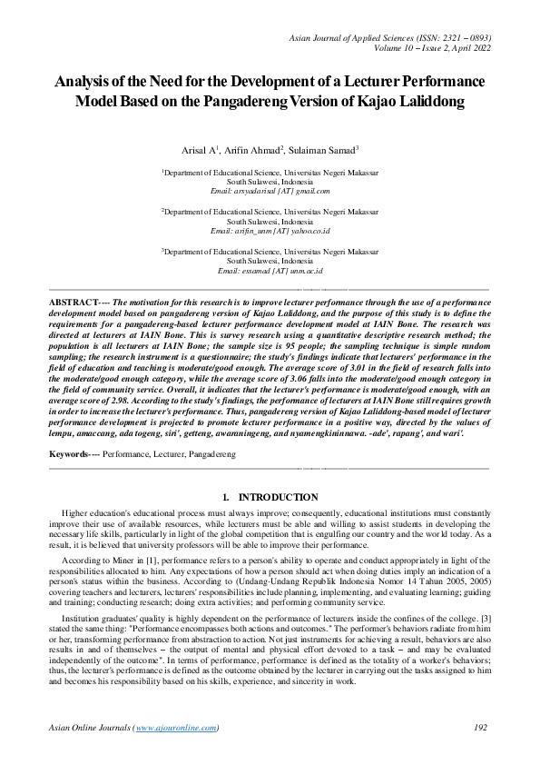 (PDF) Analysis of the Need for the Development of a Lecturer Performance Model Based on the ...