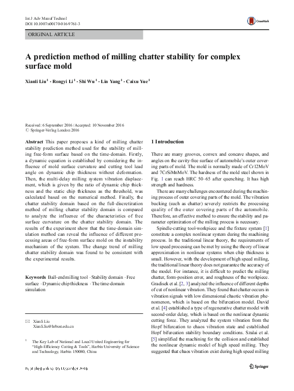 (PDF) A prediction method of milling chatter stability for complex surface mold | Caixu Yue ...