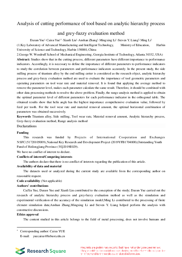 Pdf Analysis Of Cutting Performance Of Tool Based On Analytic Hierarchy Process And Grey Fuzzy 