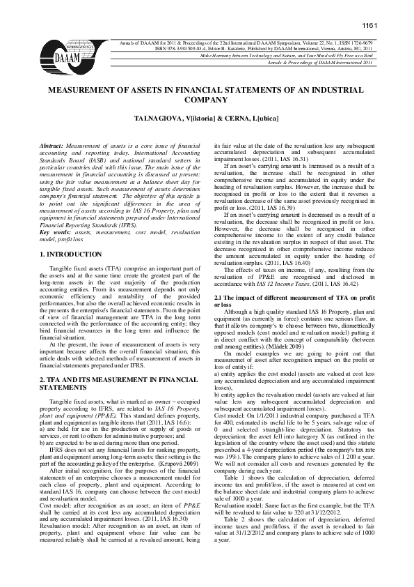 (PDF) Measurement of Assets in Financial Statements of an Industrial ...