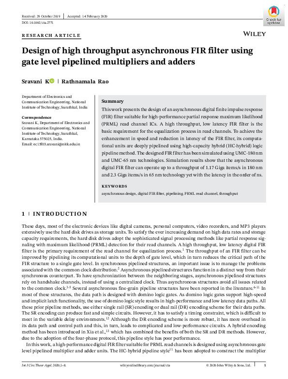 Pdf Design Of High Throughput Asynchronous Fir Filter Using Gate Level Pipelined Multipliers