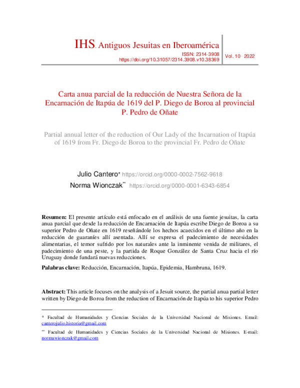 (PDF) Carta anua parcial de la reducción de Nuestra Señora de la ...