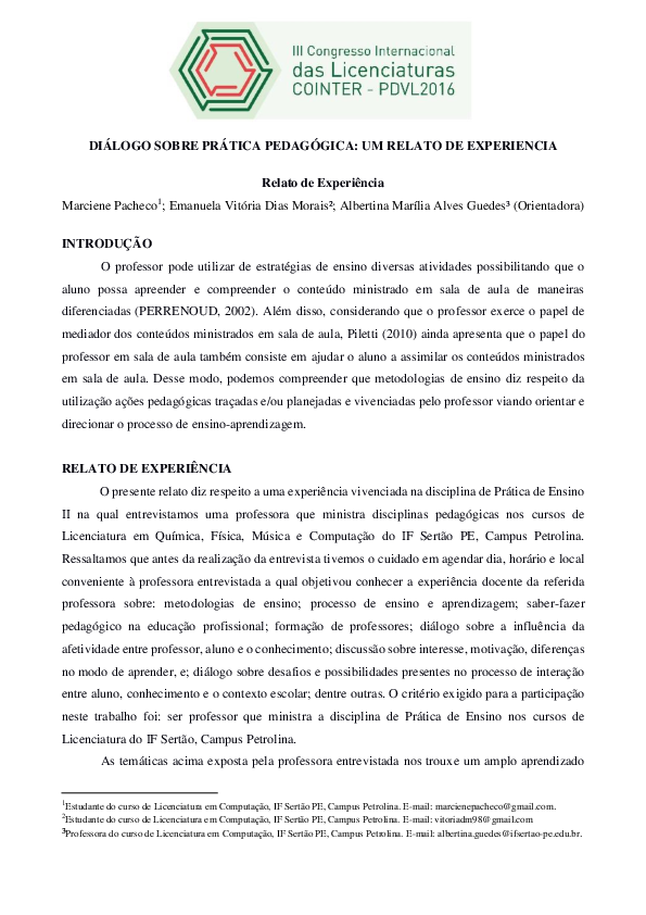 (PDF) Diálogo Sobre Prática Pedagógica: Um Relato De Experiencia