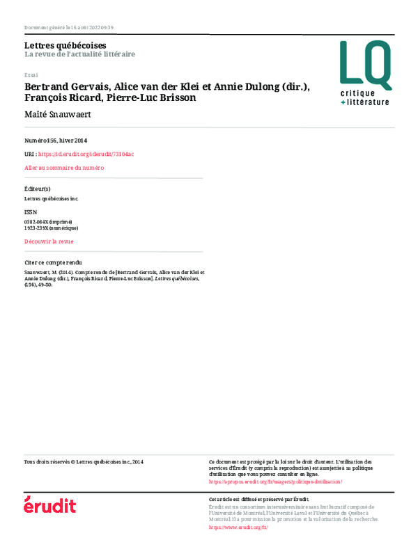 (PDF) Bertrand Gervais, Alice van der Klei et Annie Dulong (dir ...