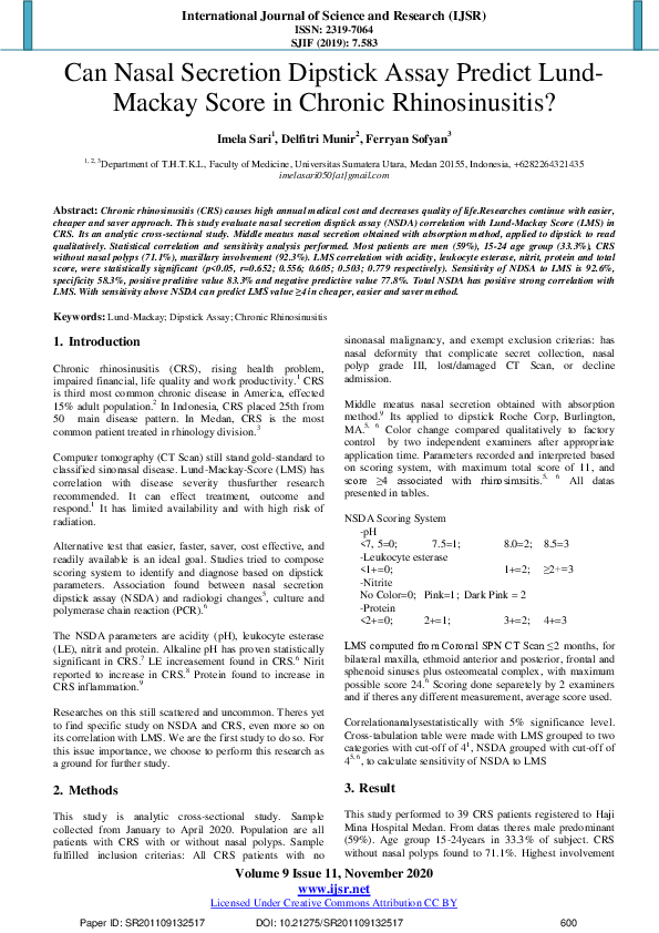 (PDF) Can Nasal Secretion Dipstick Assay Predict Lund-Mackay Score in ...