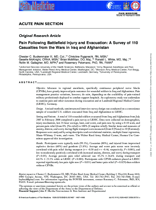 (PDF) Pain Following Battlefield Injury and Evacuation: A Survey of 110 ...