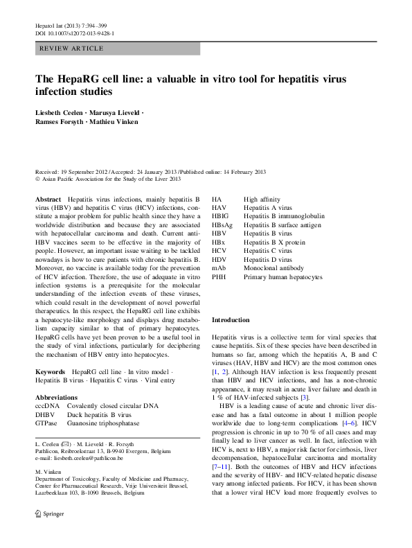 (PDF) The HepaRG cell line: a valuable in vitro tool for hepatitis ...