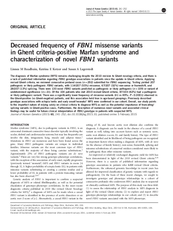 (PDF) Decreased frequency of FBN1 missense variants in Ghent criteria ...