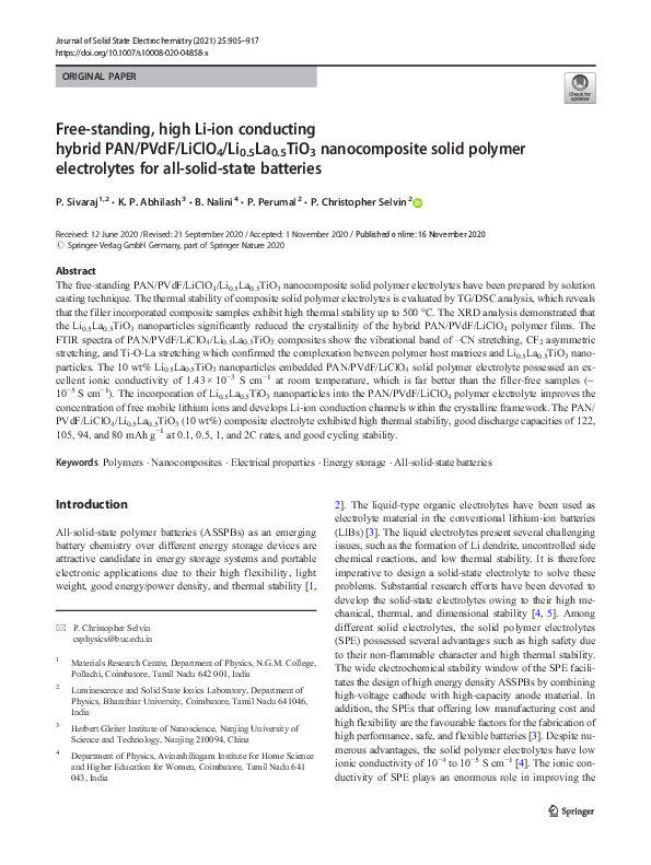 (PDF) Free-standing, high Li-ion conducting hybrid PAN/PVdF/LiClO4/Li0 ...