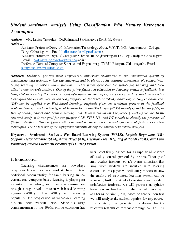 (PDF) Student sentiment Analysis Using Classification With Feature Extraction Techniques