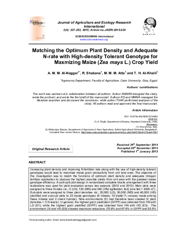 (PDF) Matching the Optimum Plant Density and Adequate N-rate with High ...