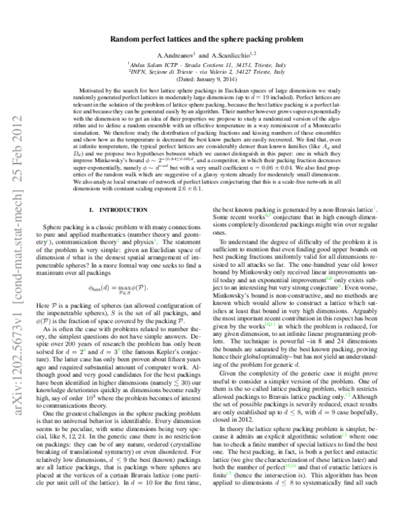 (PDF) Random perfect lattices and the sphere packing problem