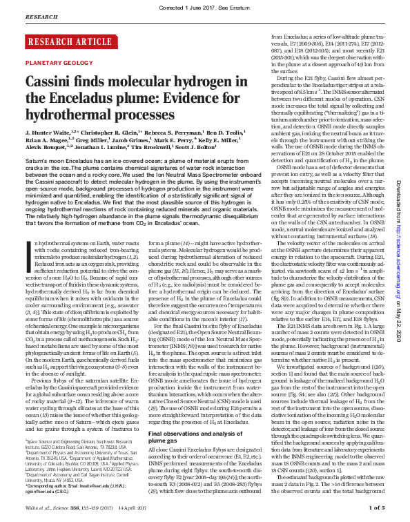 (PDF) Cassini finds molecular hydrogen in the Enceladus plume: Evidence ...