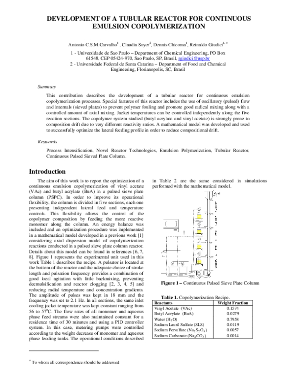 (PDF) Development of a Tubular Reactor for Continuous Emulsion Copolymerization | Prof.dr ...
