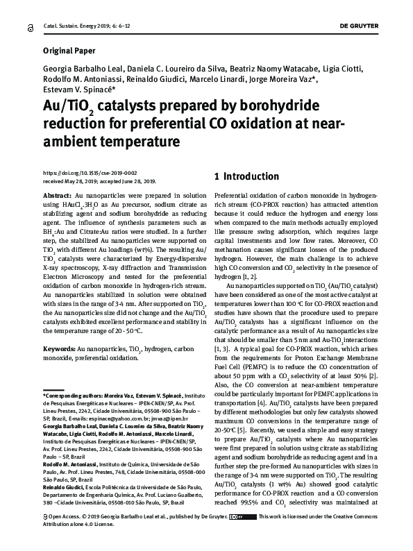 (PDF) Au/TiO2 catalysts prepared by borohydride reduction for preferential CO oxidation at near ...