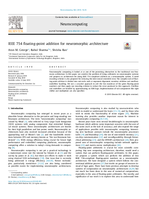 Pdf Ieee 754 Floating Point Addition For Neuromorphic Architecture Arun M George 