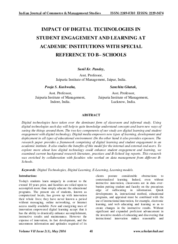 (PDF) Impact of Digital Technologies in Student Engagement and Learning at Academic Institutions ...