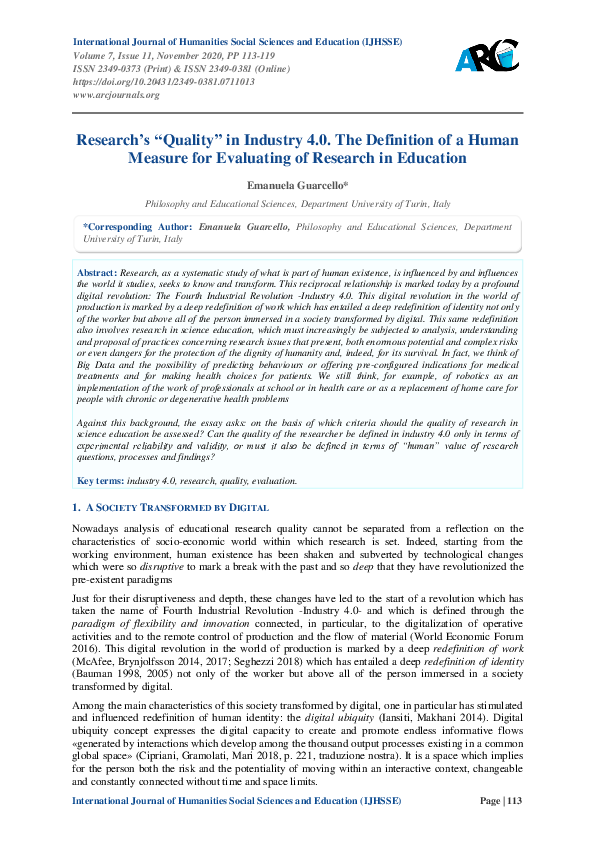 (PDF) Research’s “Quality” in Industry 4.0. The Definition of a Human ...