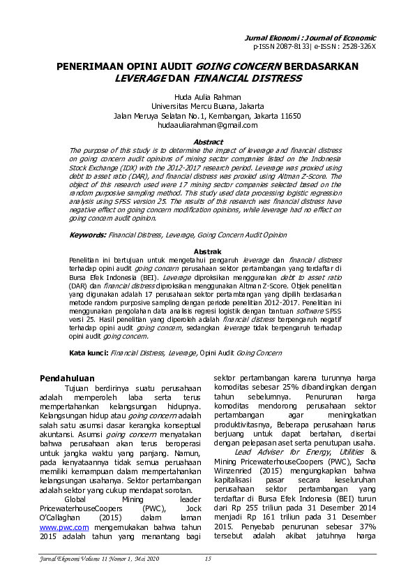 (PDF) Penerimaan Opini Audit Going Concern Berdasarkan Leverage Dan Financial Distress
