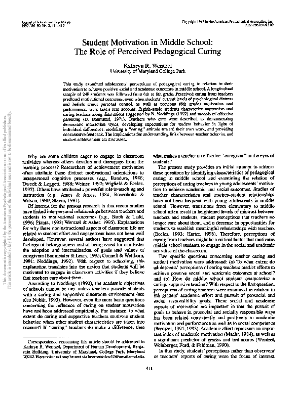 (PDF) Student motivation in middle school: The role of perceived ...