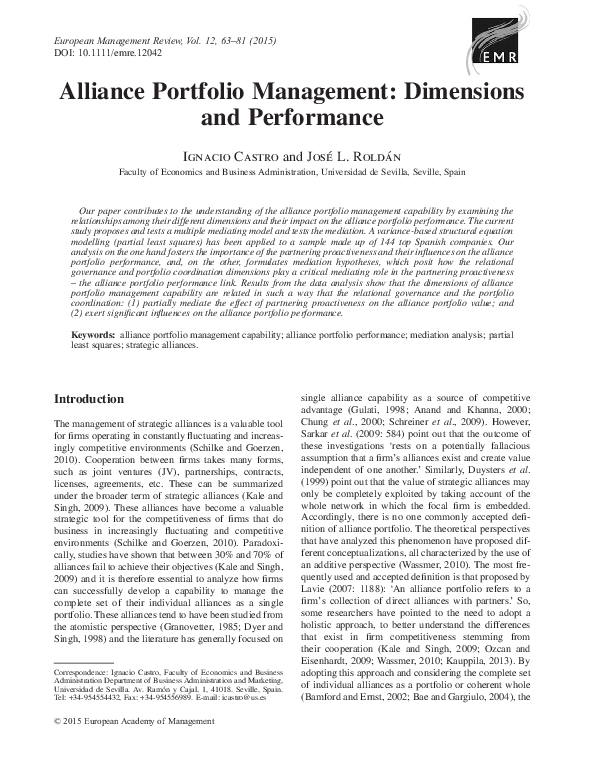 (PDF) Alliance Portfolio Management: Dimensions and Performance