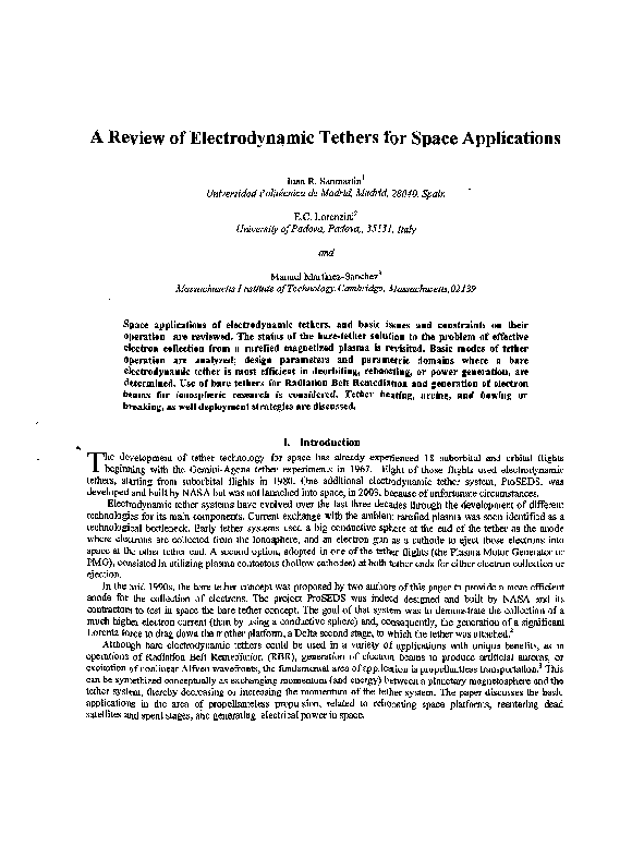 (PDF) A Review of Electrodynamic Tethers for Space Applications | Enrico Lorenzini - Academia.edu