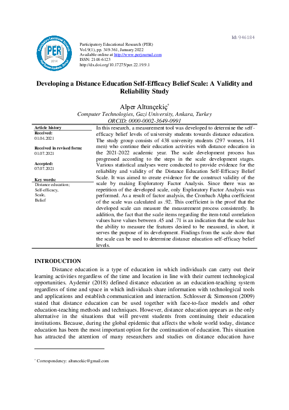 (PDF) Developing a Distance Education Self-Efficacy Belief Scale: A Validity and Reliability Study