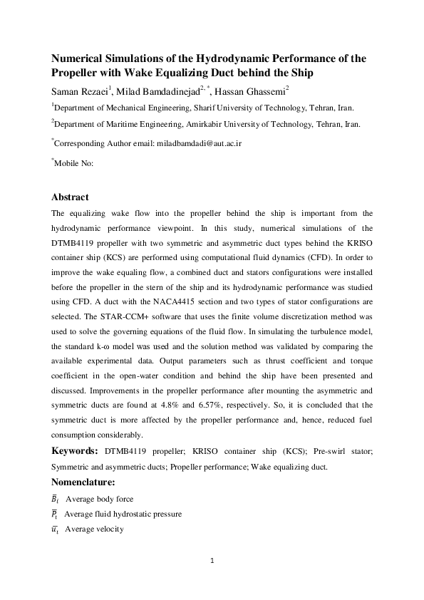 Numerical Simulations Of The Hydrodynamic Performance Of The Propeller With Wake Equalizing Duct