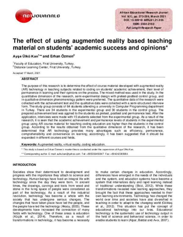 Pdf The Effect Of Using Augmented Reality Based Teaching Material On