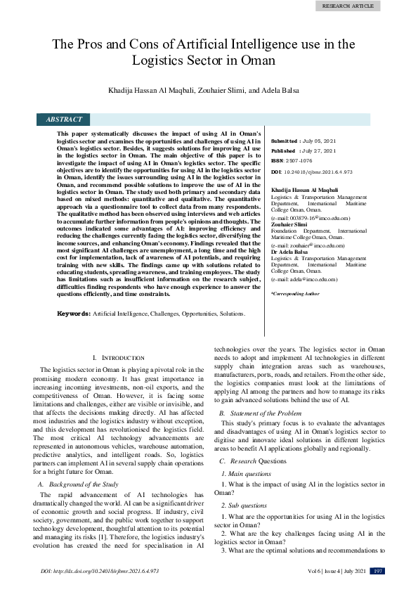(PDF) The Pros and Cons of Artificial Intelligence use in the Logistics Sector in Oman