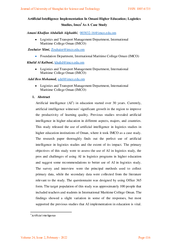 (PDF) Artificial Intelligence Implementation In Omani Higher Education; Logistics Studies, Imcoi ...