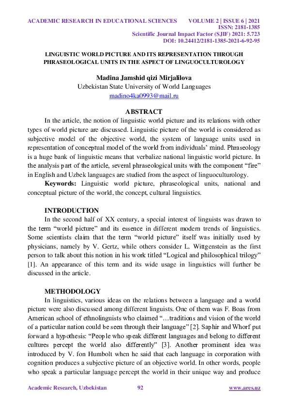 (PDF) Linguistic World Picture and Its Representation Through Phraseological Units in the Aspect ...