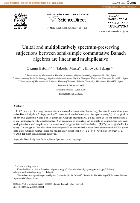 (PDF) Unital and multiplicatively spectrum-preserving surjections between semi-simple ...