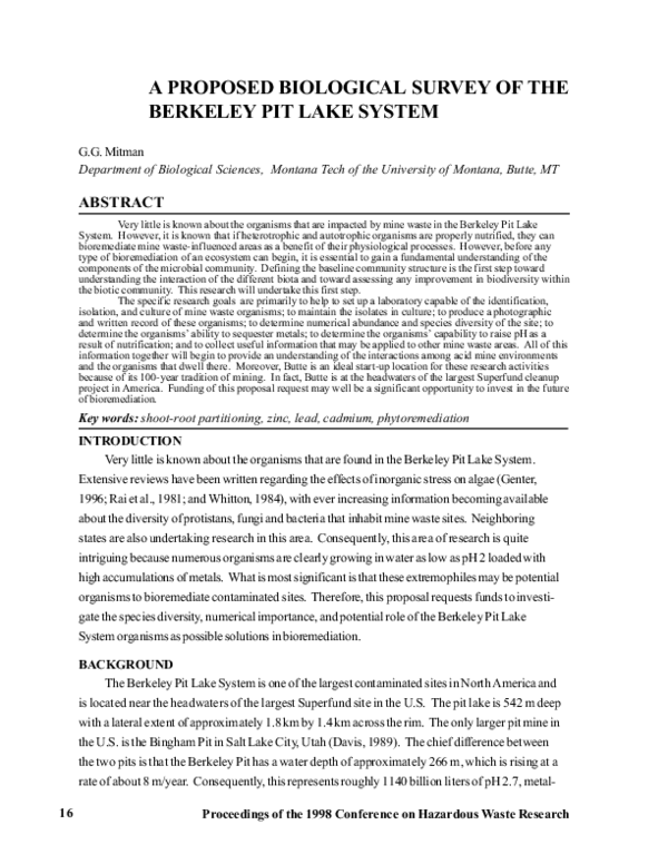 (PDF) A Proposed Biological Survey of the Berkeley Pit Lake System