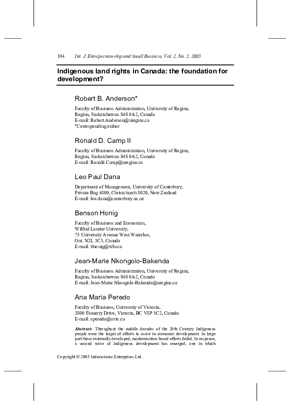 (PDF) Indigenous land rights in Canada: the foundation for development?