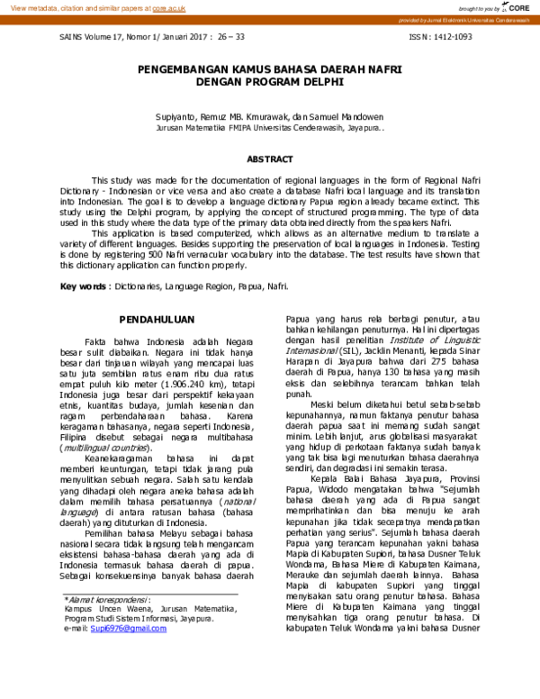 (PDF) Pengembangan Kamus Bahasa Daerah Nafri Dengan Program Delphi