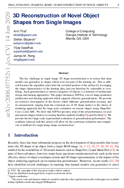 (PDF) 3D Reconstruction of Novel Object Shapes from Single Images