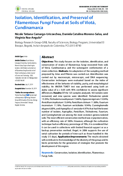 (PDF) Isolation, Identification, and Preserval of Filamentous Fungi Found at Soils of Viotá ...