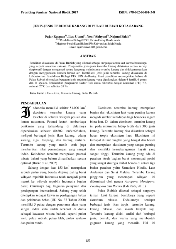 (PDF) Prosiding Seminar Nasional Biotik 2017 JENIS-JENIS TERUMBU KARANG ...