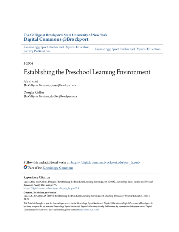 (PDF) Establishing the Preschool Learning Environment