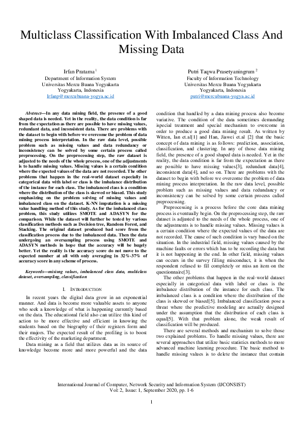 (PDF) Multiclass Classification With Imbalanced Class And Missing Data