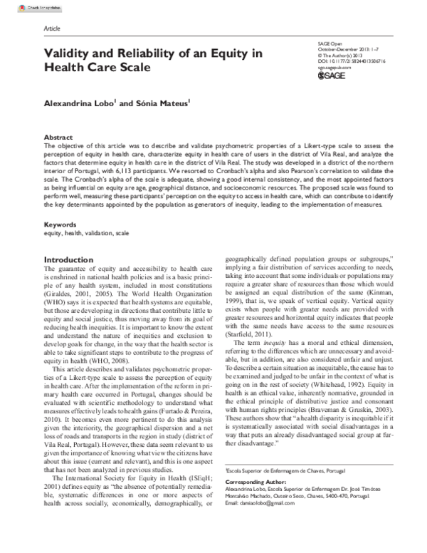(PDF) Validity and reliability of an equity in healthcare scale