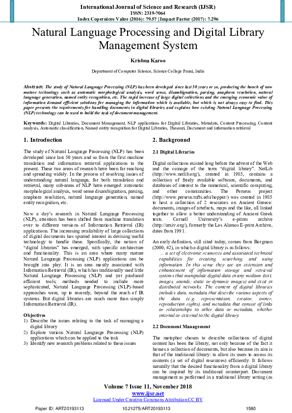 (PDF) Natural Language Processing and Digital Library Management System