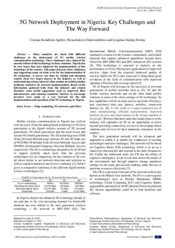 (PDF) 5G Network Deployment in Nigeria: Key Challenges and The Way Forward