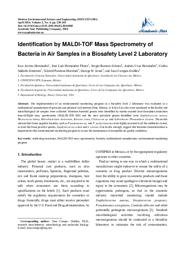 (PDF) Identification by MALDI-TOF Mass Spectrometry of Bacteria in Air ...